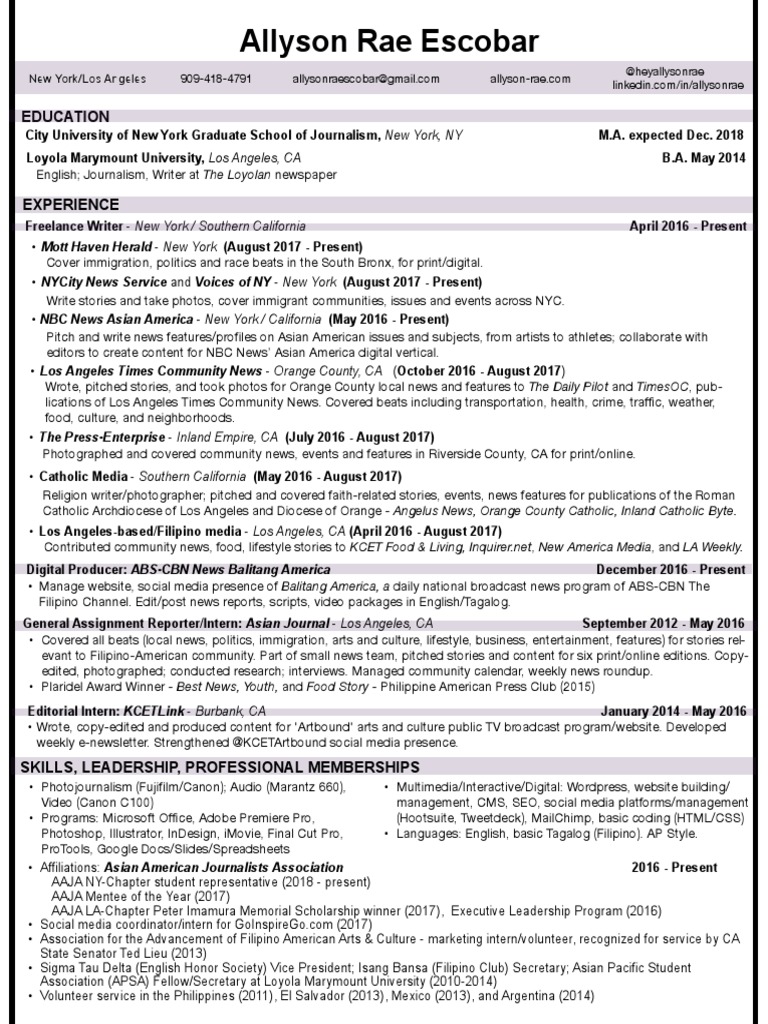 Allyson Escobar Resume 2018 | PDF | News | New York City