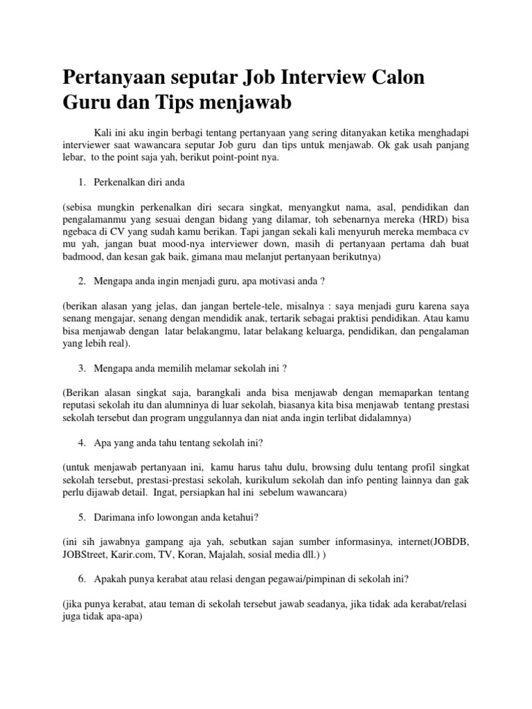 Pertanyaan Seputar Job Interview Calon Guru Dan Tips Menjawab | PDF
