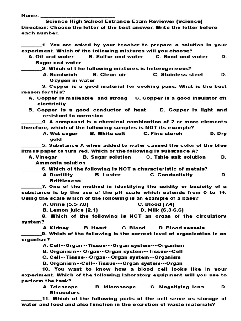 Science High School Entrance Questions 1 (2018) AK | PDF | Carbon ...