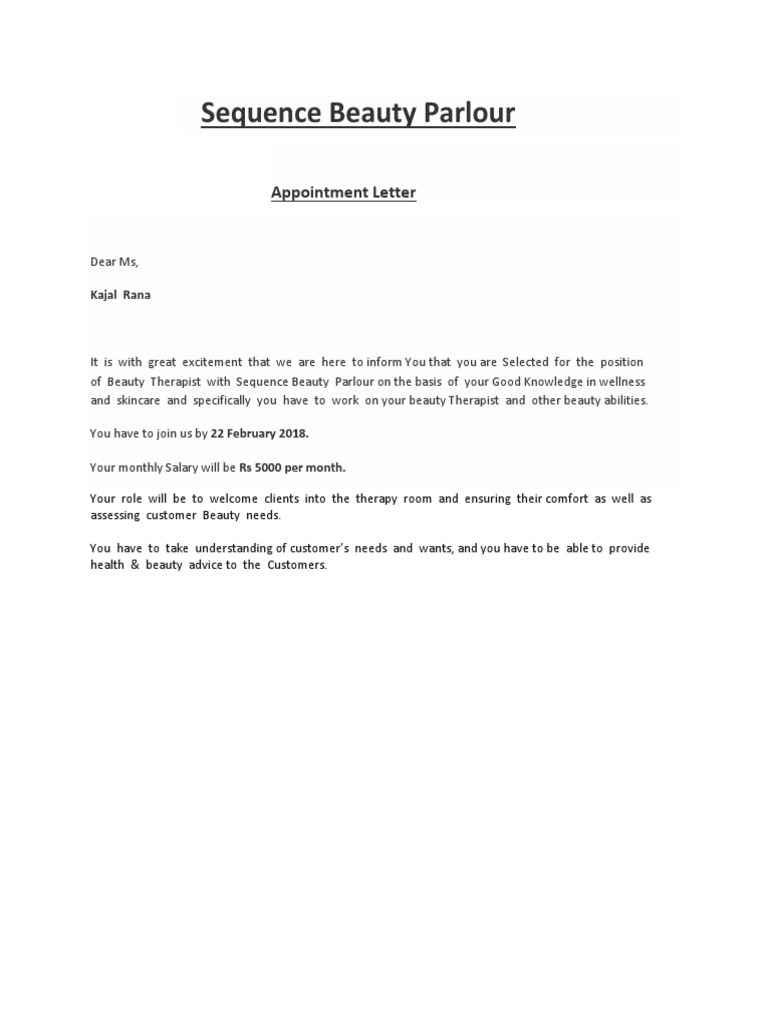 Sequence Beauty Parlour: Appointment Letter | PDF