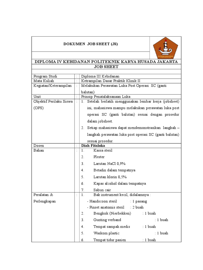 Job Sheet Perawatan Luka Post Operasi SC | PDF