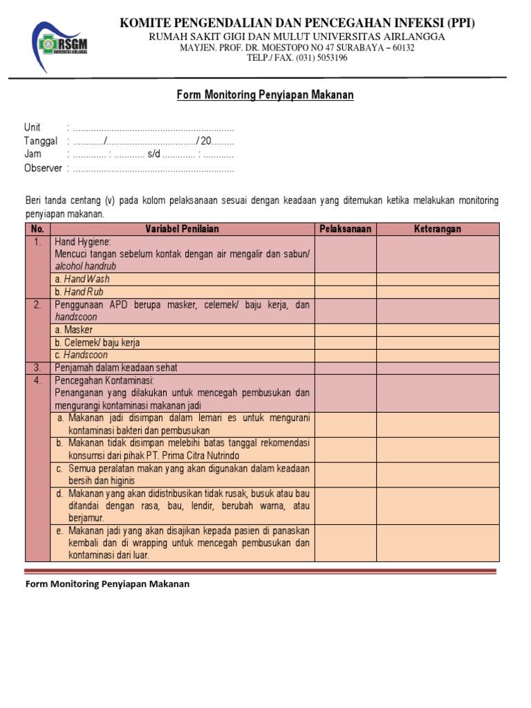 Form Monitoring Penyiapan Makanan | PDF