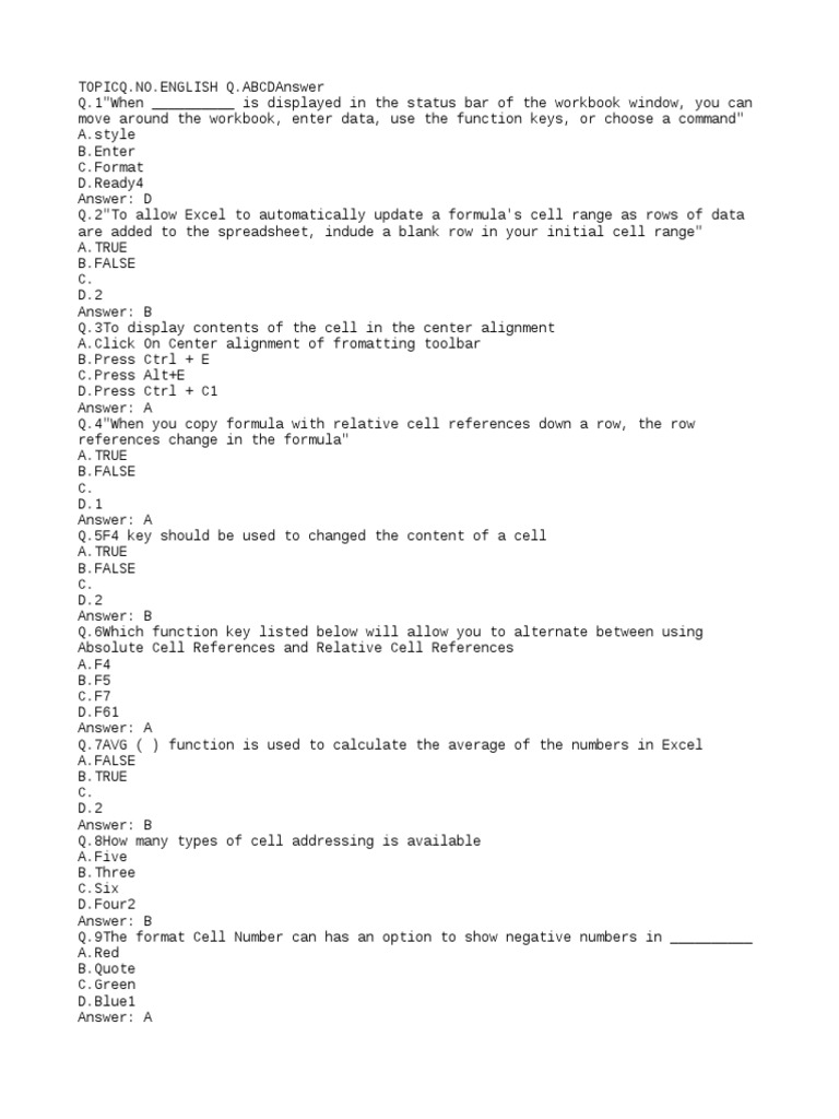 Excel Objective Quation and Answer | PDF | Microsoft Excel | Spreadsheet