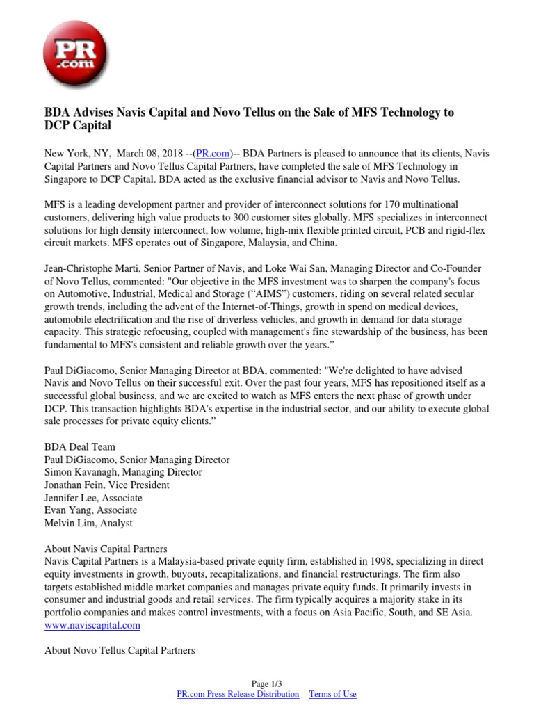DCP Capital Acquires MFS Technology | PDF | Private Equity | Business