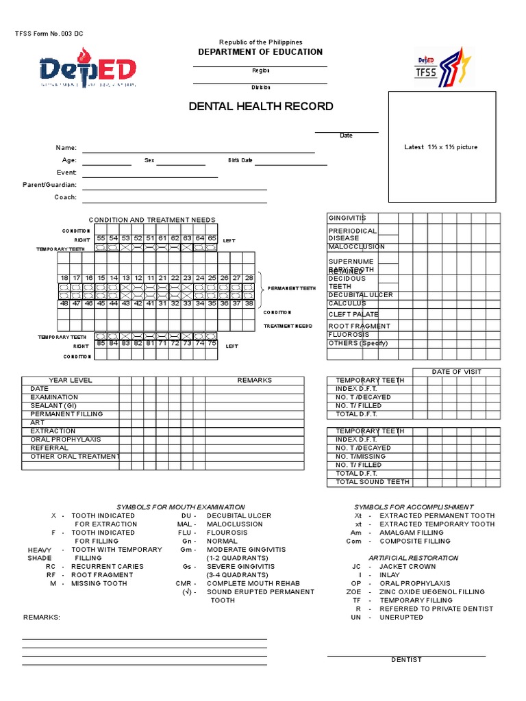Dental Health Record: Department of Education | PDF | Human Tooth ...