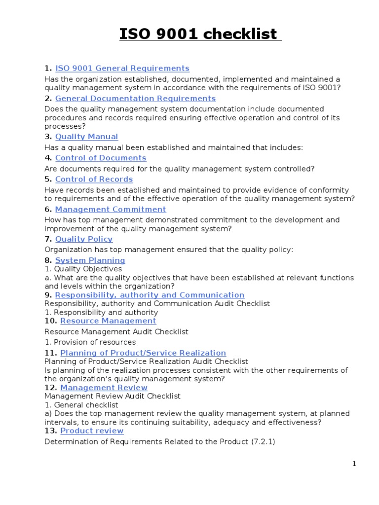 ISO 9001 Checklist | Quality Management System | Iso 9000