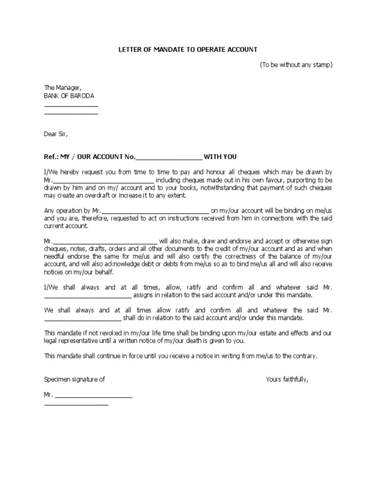Letter of Mandate To Operate Account | PDF | Transaction Account | Cheque