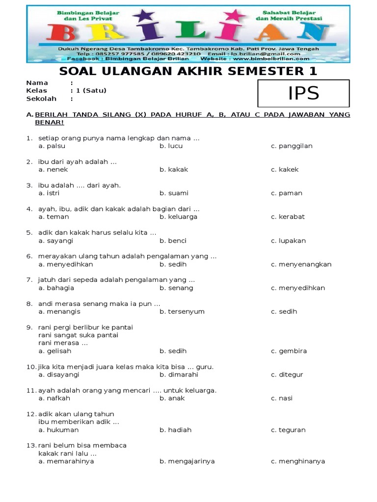 Soal UAS IPS Kelas 1 SD Semester 1 (Ganjil) Dan Kunci Jawaban | PDF