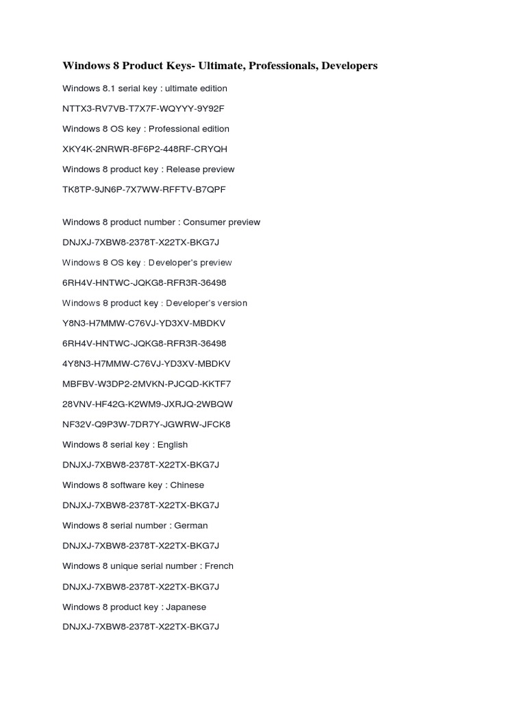 Windows 8 Product Keys | Download Free PDF | Windows 8 | Personal Computers