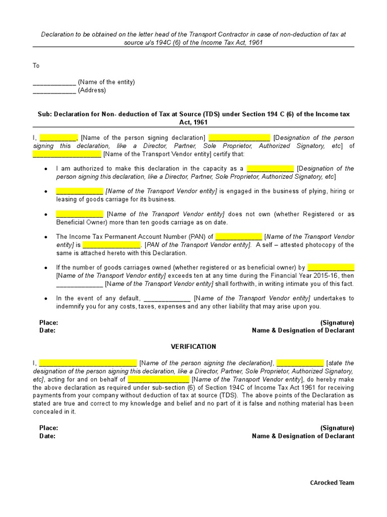 Tds Declaration Us 194c 6 Transporters Pdf Payments Public Finance