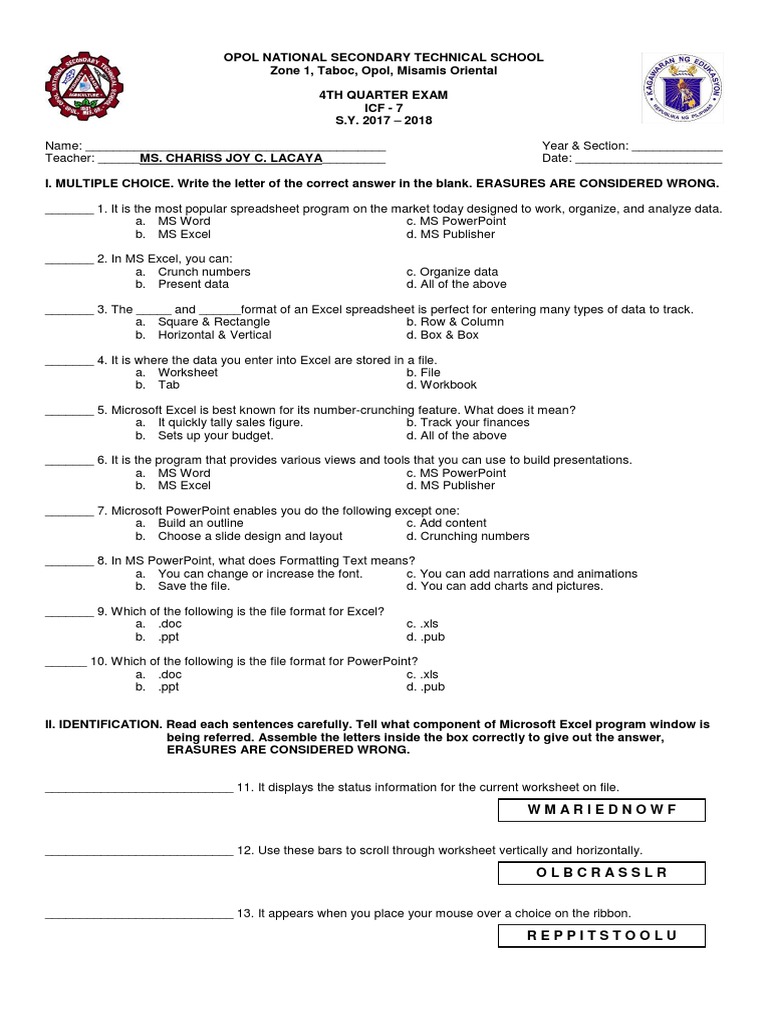 Grade 7 ICF 4th Quarter Exam | PDF | Microsoft Excel | Application Software