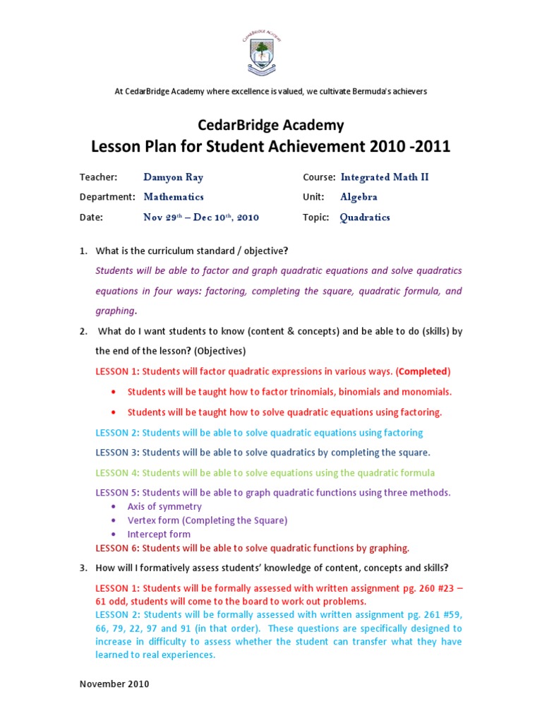 Quadratics Lesson Plan | PDF | Quadratic Equation | Factorization