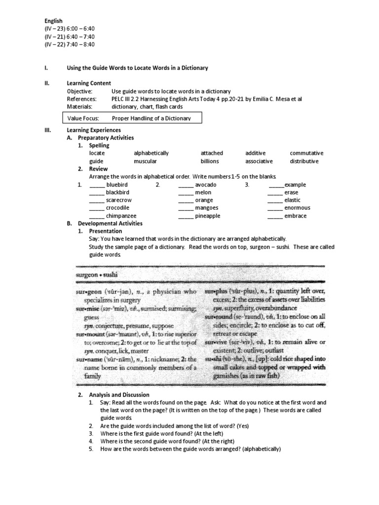 Using The Guide Words To Locate Words in Dictionary | PDF | Linguistics ...