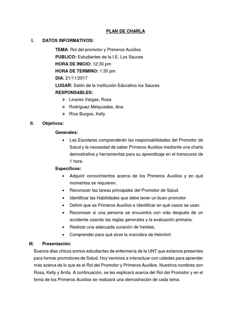 Plan de Charla (1) | Primeros auxilios | Herida