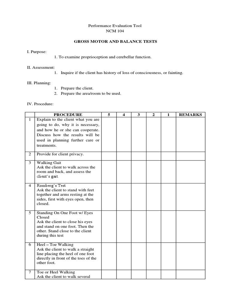 Gross Motor and Balance Tests | PDF | Somatosensory System | Memory