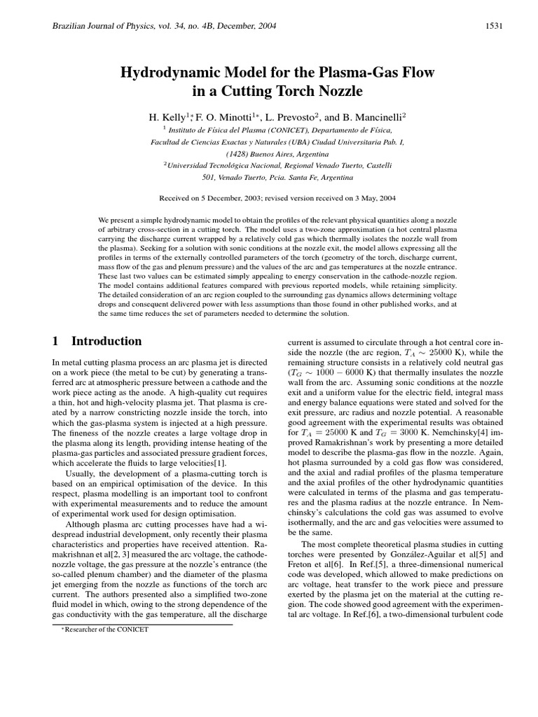 Hydrodynamic Model For The Plasma-Gas Flow in A Cutting Torch Nozzle ...