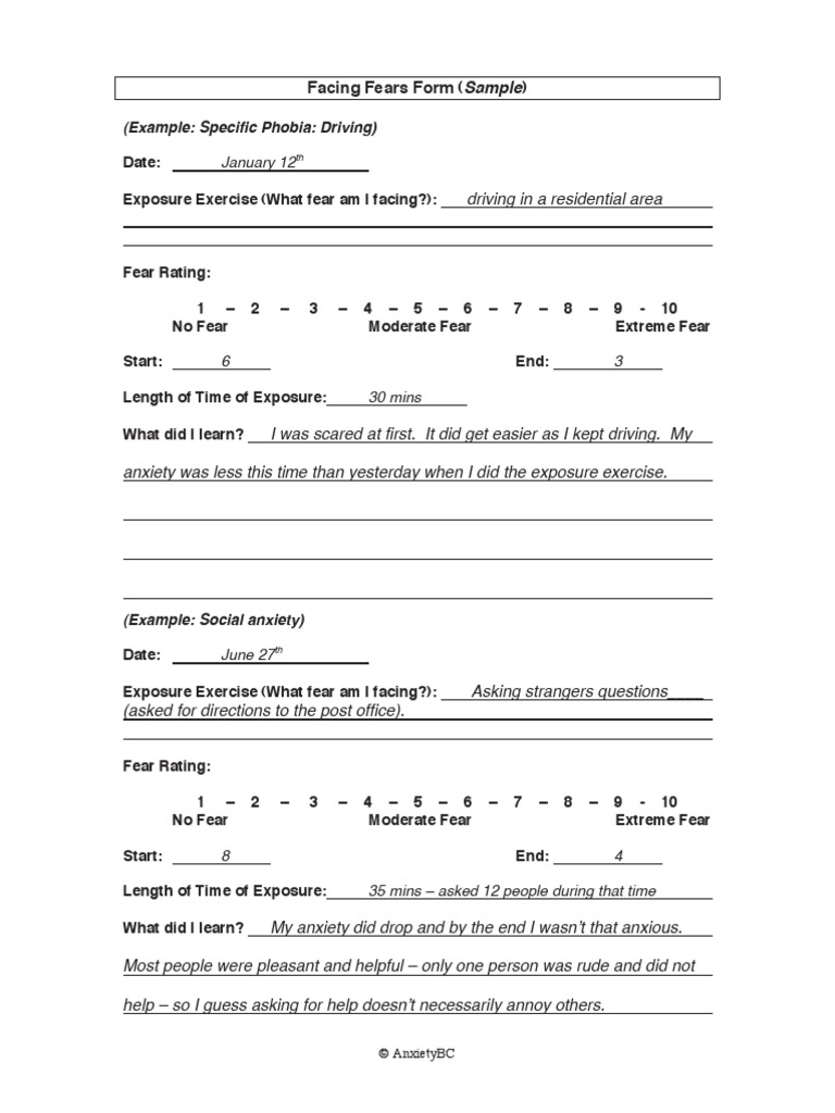 Facing Fears Form (Sample) : (Example: Specific Phobia: Driving) | PDF ...