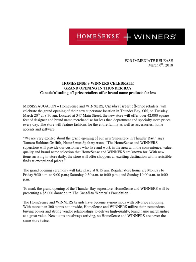 Thunder Bay HomeSense & Winners Opening | PDF | Big Box Store | Retail