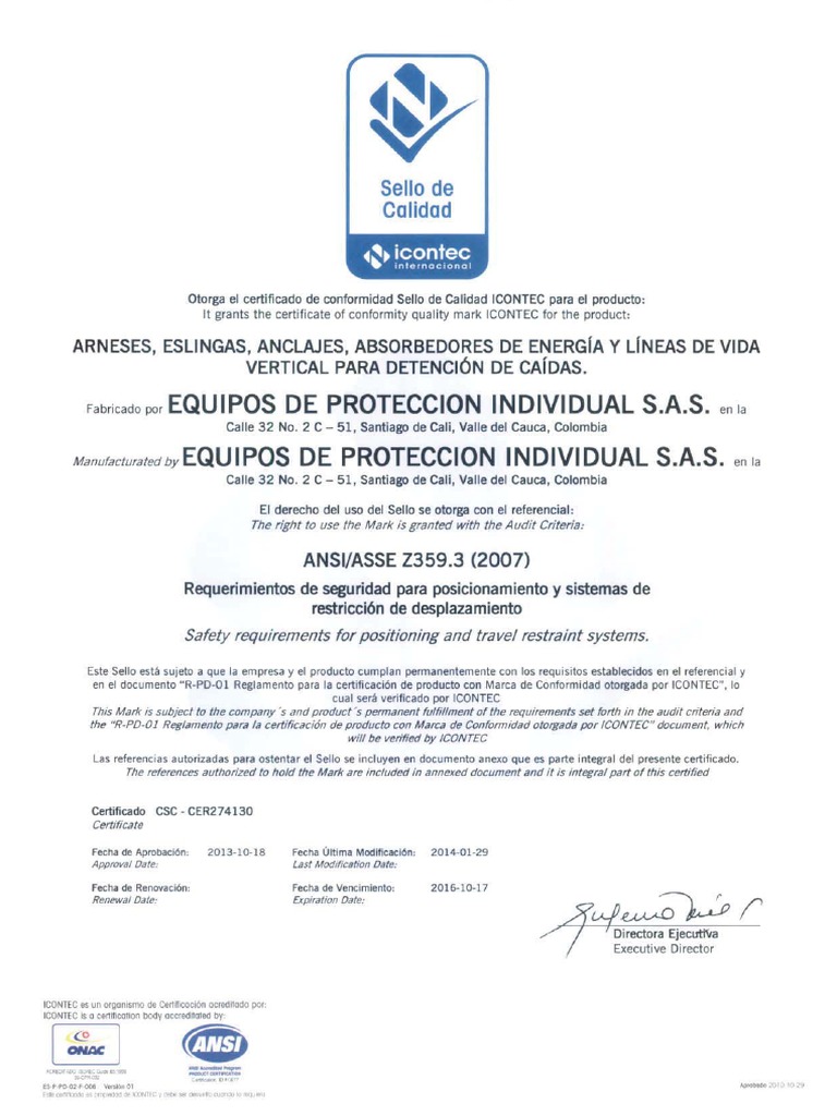 Certificado Ansi Z359.3-2007 PDF | PDF