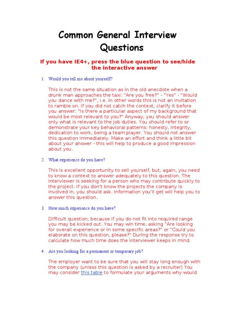 General Interview Questions | PDF | Question | Employment