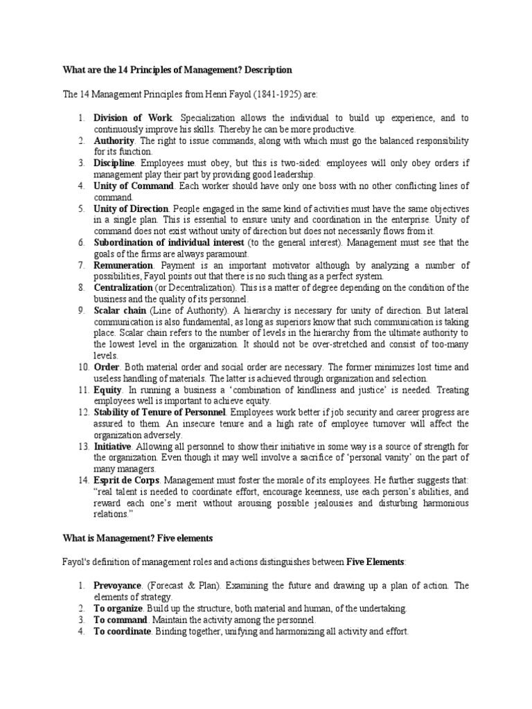Henri Fayol's 14 Management Principles | PDF