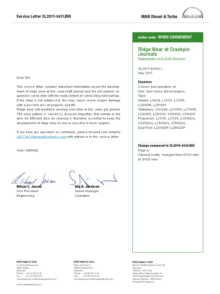 Ridge Wear at Crankpin Journals: Service Letter SL2017-647/JNN | PDF ...