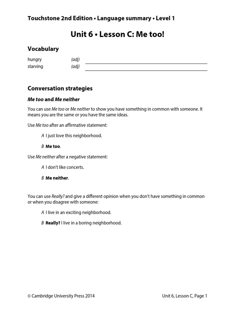 Unit 6 - Lesson C: Me Too!: Touchstone 2nd Edition - Language Summary - Level 1 | PDF
