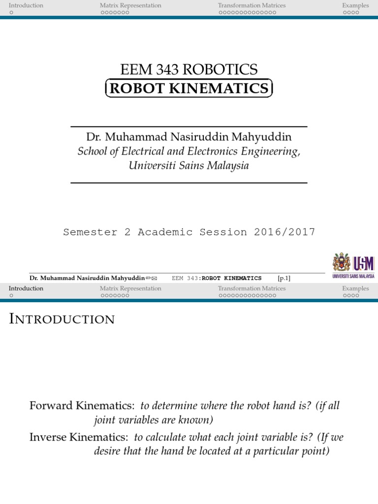 Eem 343 Robotics: Robot Kinematics | PDF | Matrix (Mathematics ... Eem 343 Robotics: Robot Kinematics | PDF | Matrix (Mathematics ...
