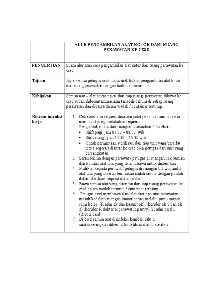 Alur Pengambilan Alat Kotor Dari Ruang Perawatan Ke CSSD | PDF