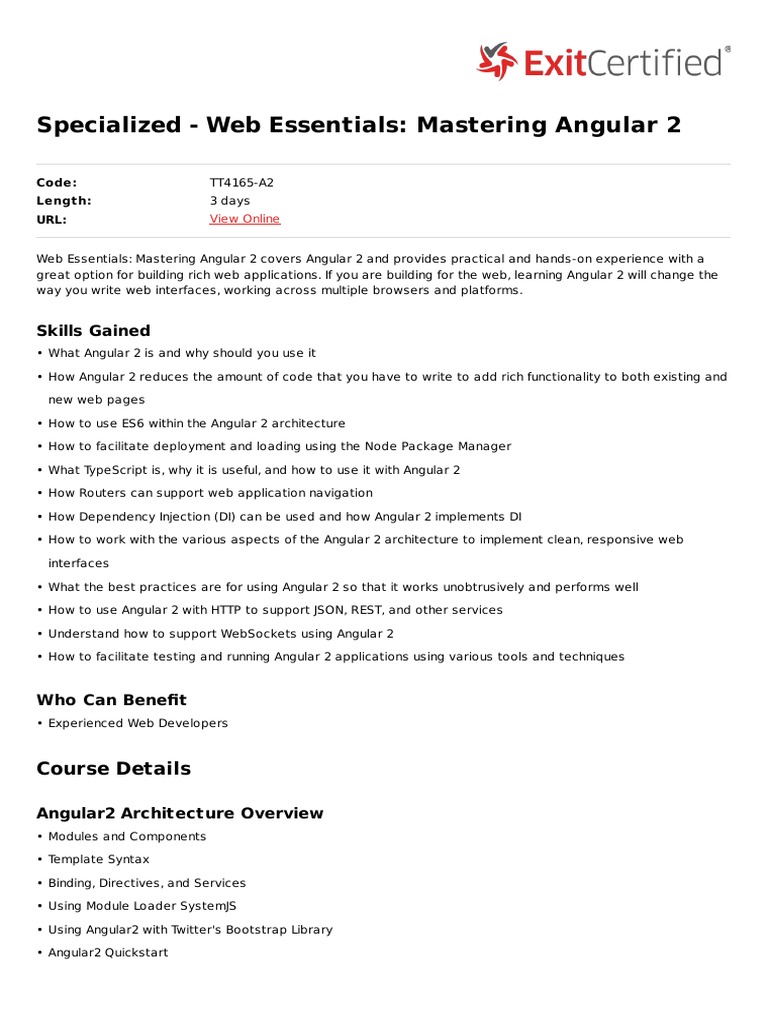 Specialized - Web Essentials: Mastering Angular 2: Skills Gained | PDF ...