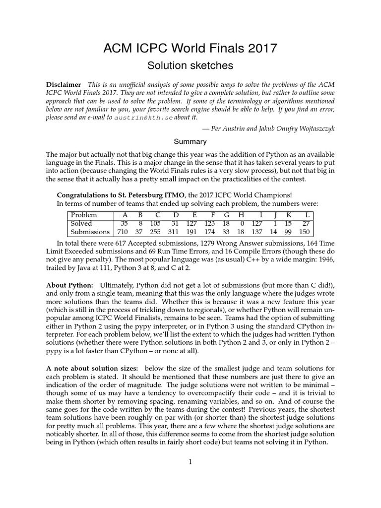 ACM ICPC World Finals 2017: Solution Sketches | PDF | Line (Geometry) | Dynamic Programming