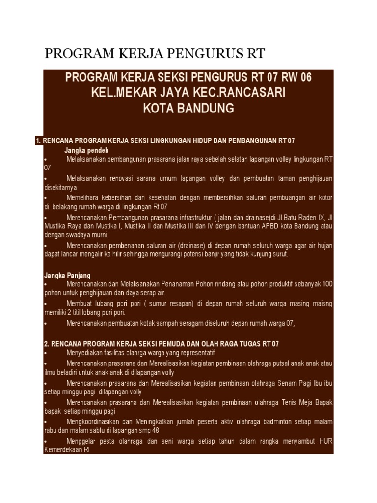 Program Kerja Pengurus RT | PDF