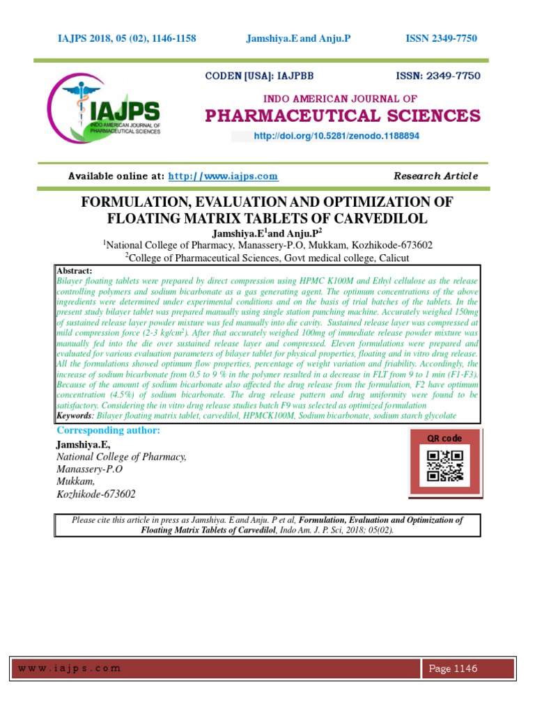 Optimizing Floating Matrix Tablets of Carvedilol | PDF | Tablet ...