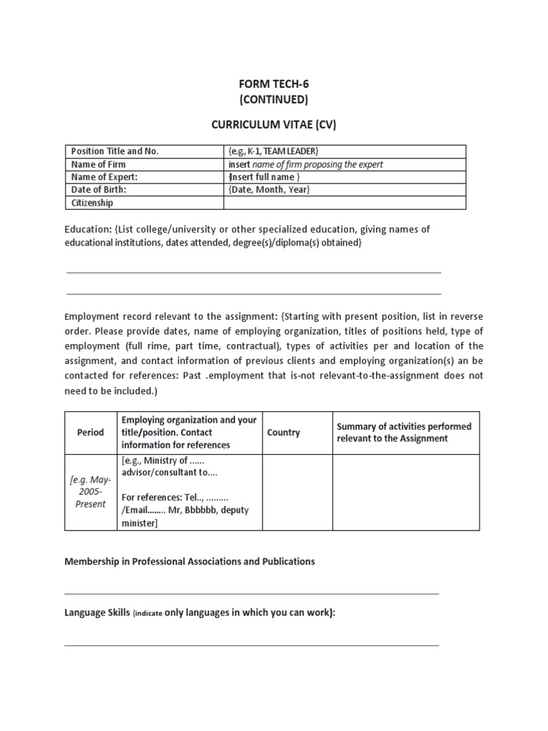 Form Tech-6 (Continued) Curriculum Vitae (CV) | PDF | Consultant | Business