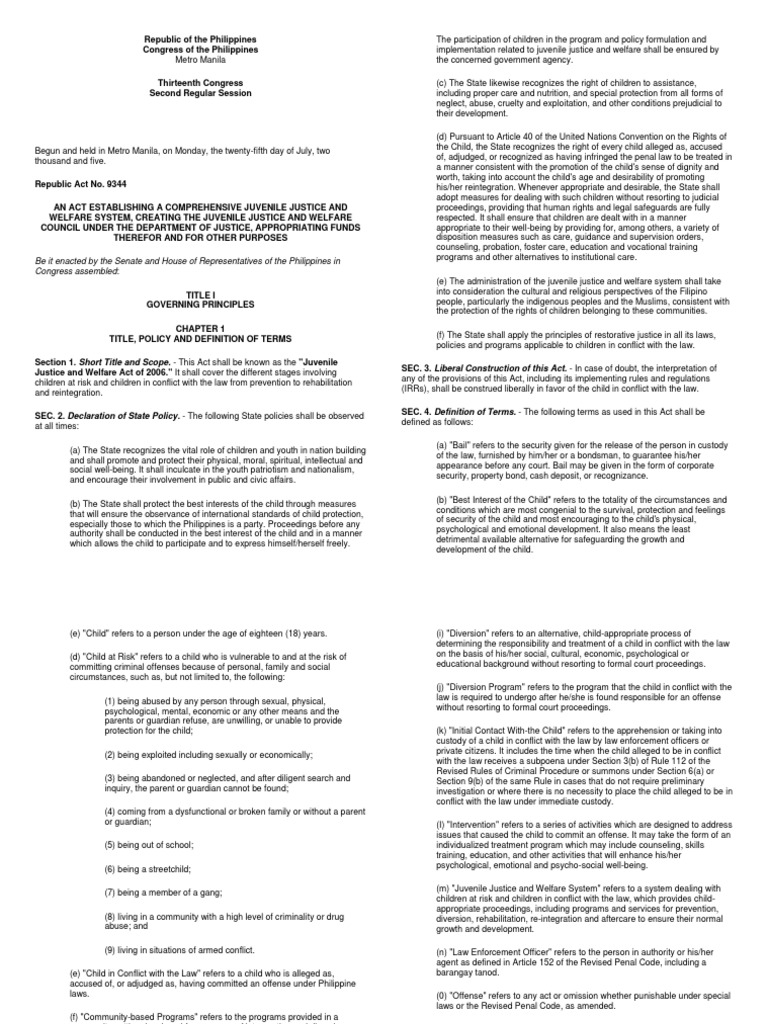 Juvenile Justice and Welfare Act of 2006 (RA 9344) | PDF | Juvenile ...