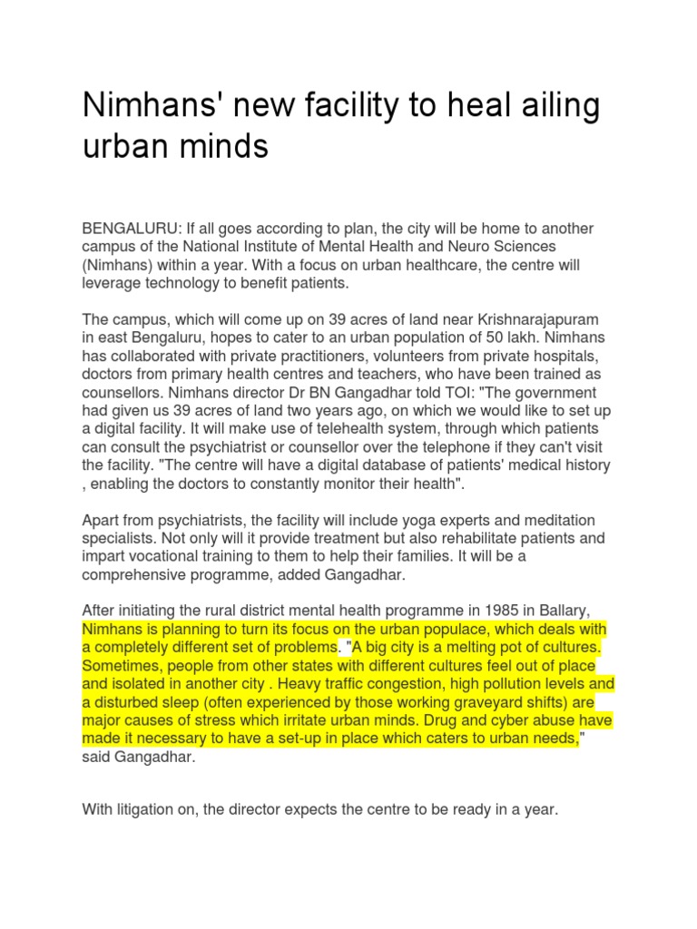 Nimhans' New Facility To Heal Ailing Urban Minds | PDF | Telemedicine ...