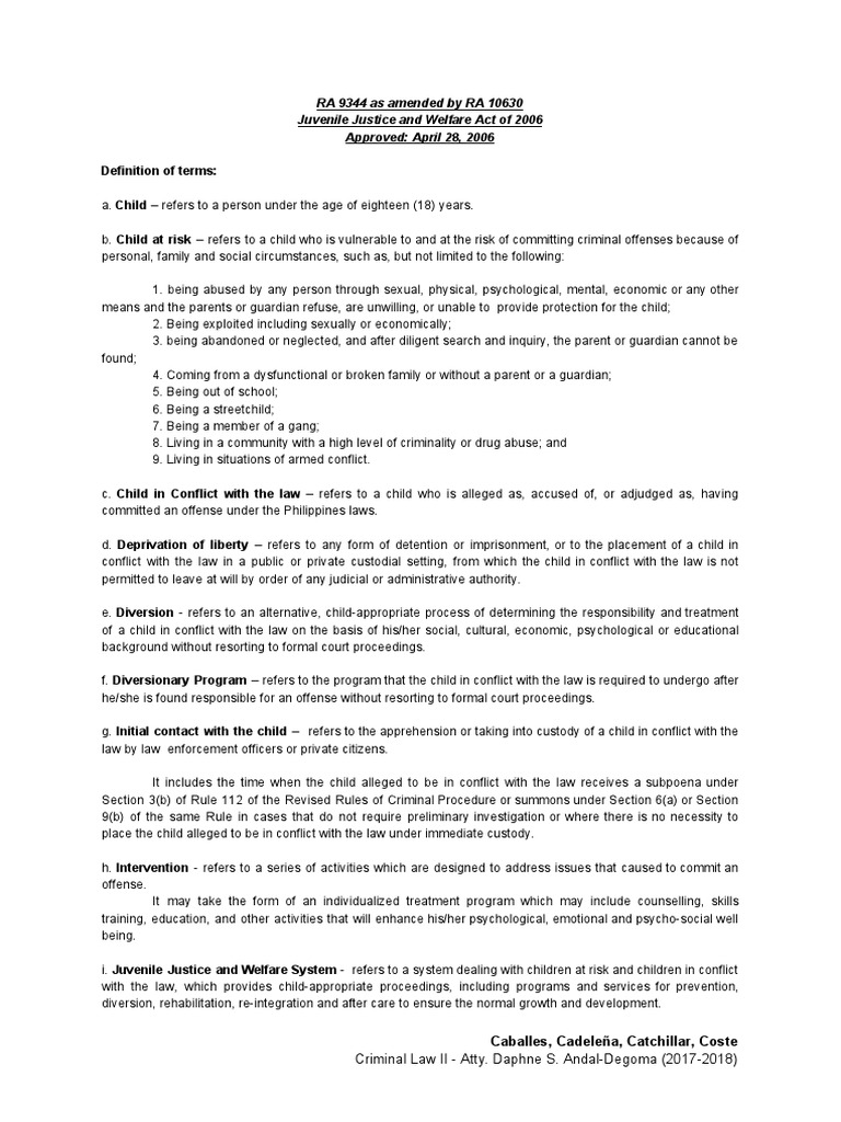 RA 9344 as Amended by RA 10630 - Handouts | Child Custody | Crimes