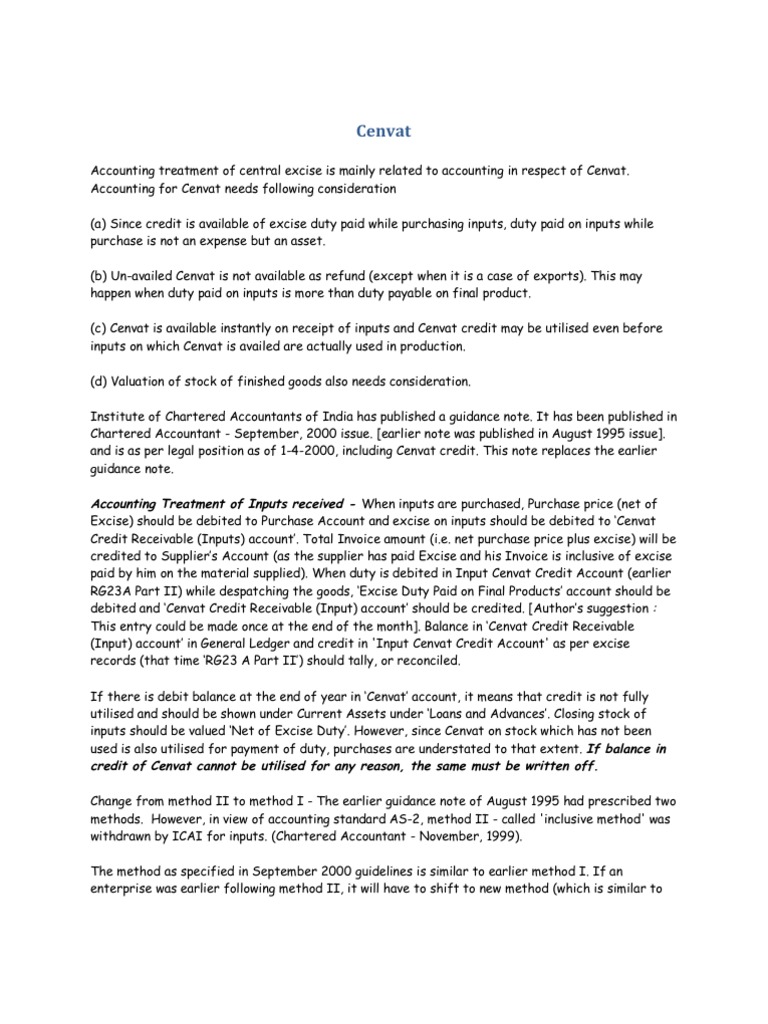 CENVAT Credit Treatment in Accounts | PDF | Debits And Credits | Inventory