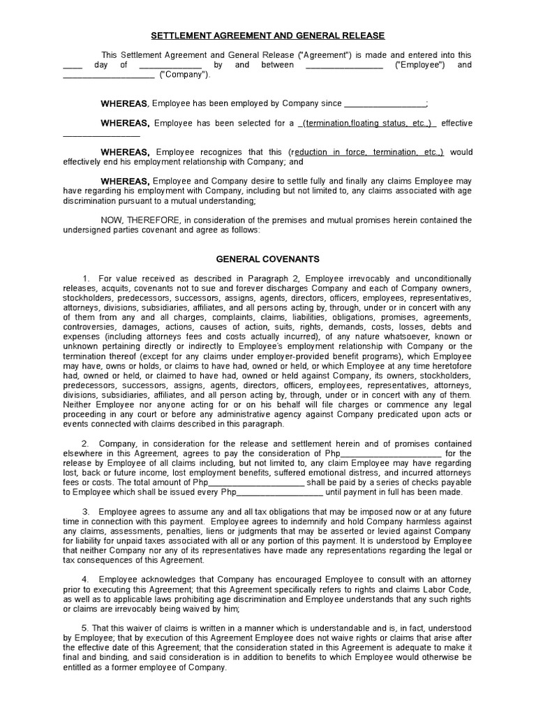 Employee Settlement Agreement Template | PDF | Employment | Consideration