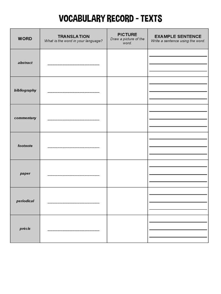 Vocabulary Record - Texts: Word Translation Picture Example Sentence | PDF