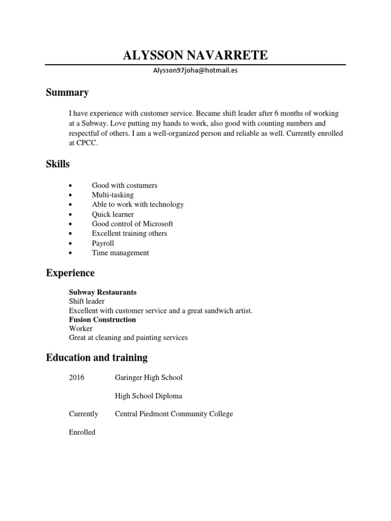 Subway Shift Leader Resume Example | PDF | Career & Growth | Business