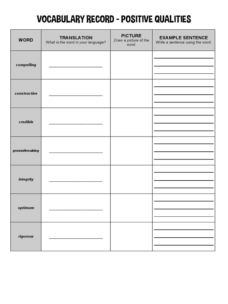 Positive Qualities Vocabulary Record | PDF