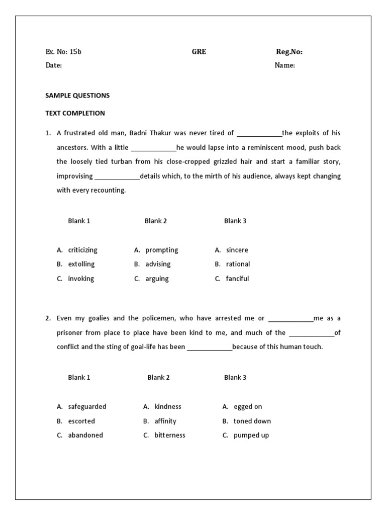 Sample Questions Text Completion | PDF | Nature