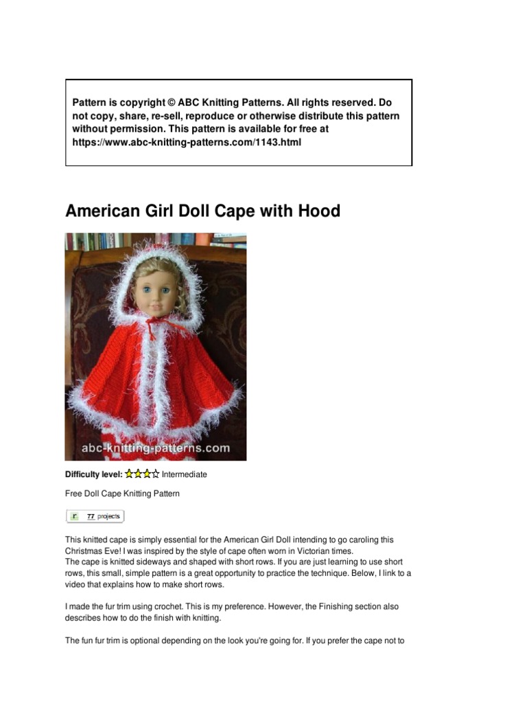 1143 American Girl Doll Cape With Hood Pattern | PDF | Knitting | Crochet