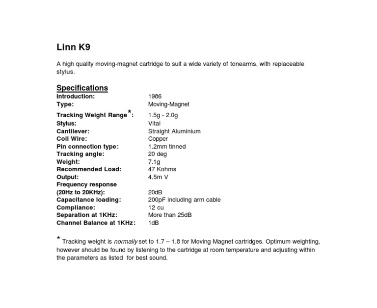 Linn K9 Specifications | PDF