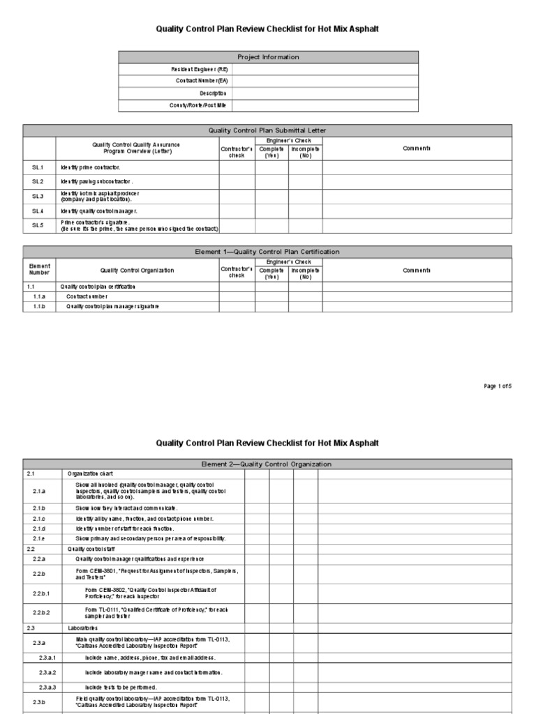 Quality Control Plan Review Checklist For Hot Mix Asphalt: Project ...