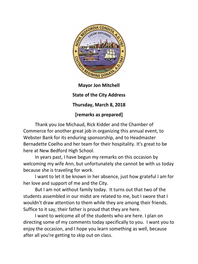 New Bedford Mayor Jon Mitchell's 2018 State of The City Address | PDF ...