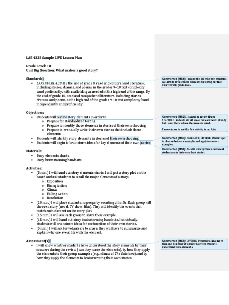 LAE 4335 Sample LIVE Lesson Plan Grade Level: 10 Unit Big Question ...