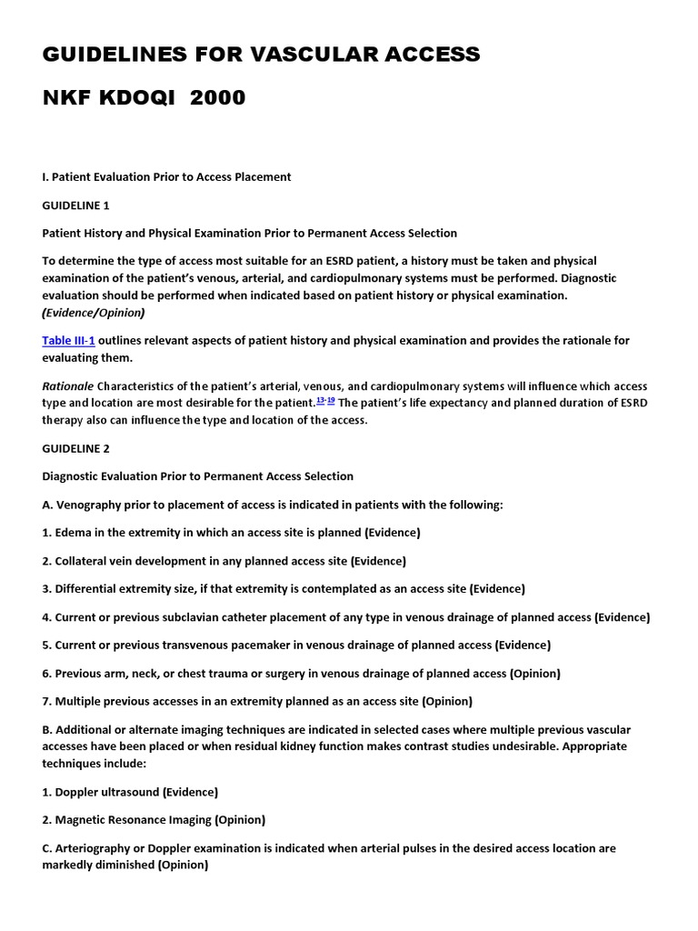 Guidelines For Vascular Access | PDF | Hemodialysis | Clinical Medicine