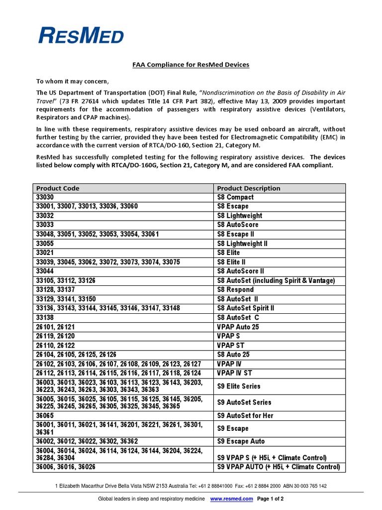 FAA Compliance for ResMed CPAP Devices | PDF | Federal Aviation ...